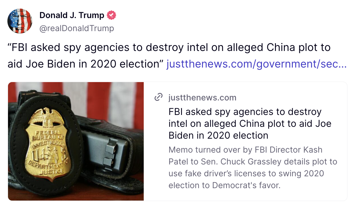 트럼프 "FBI, 2020년 대선에서 조 바이든 도우려는 중국 음모에 대한 정보 파기 요청했다"